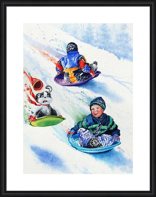 Painting Of Children Sledding On Saucers In Snow